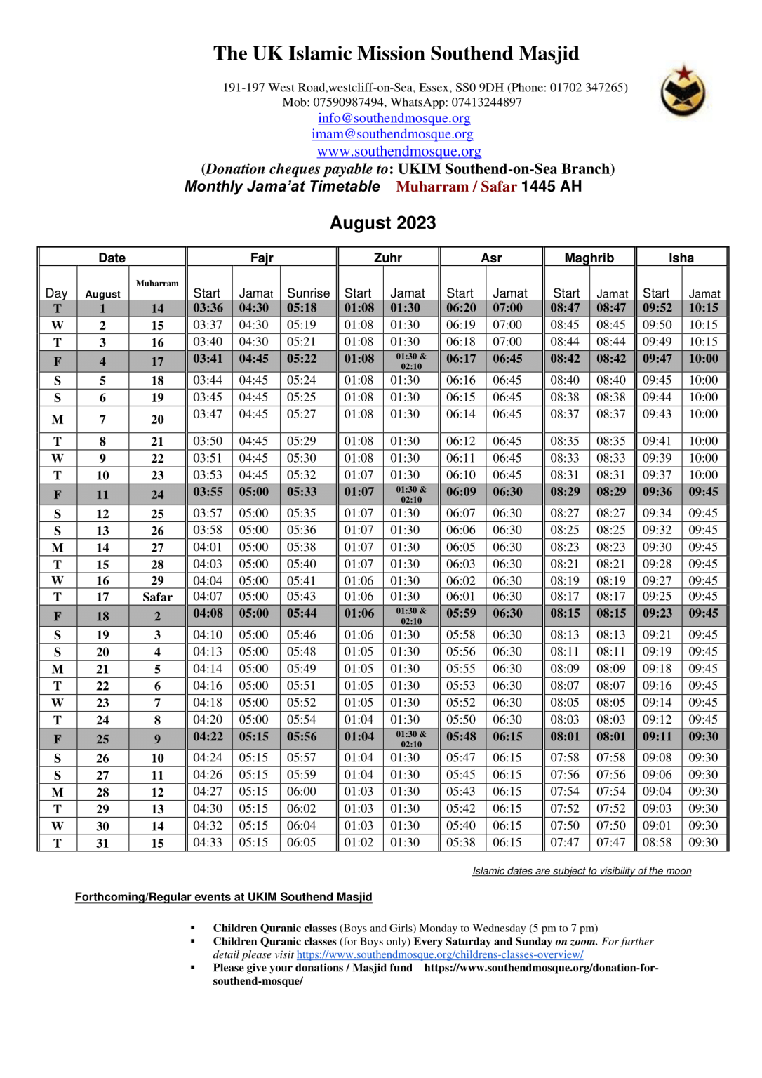 Namaz Timings - Southend Mosque