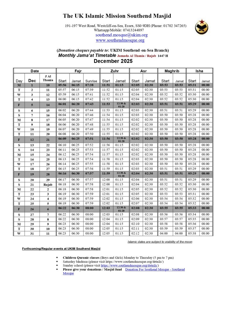 Namaz Timings - Southend Mosque
